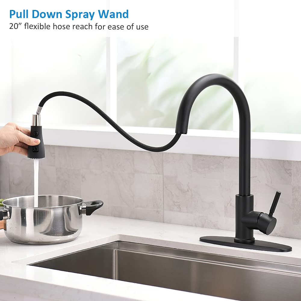 Bokaiya Black Kitchen Faucet with Soap Dispenser, High Arch Single Level Stainless Steel Pull Out Kitchen Faucet, Matte Black Kitchen Faucet with Pull Down Sprayer One Hole or 3 Hole