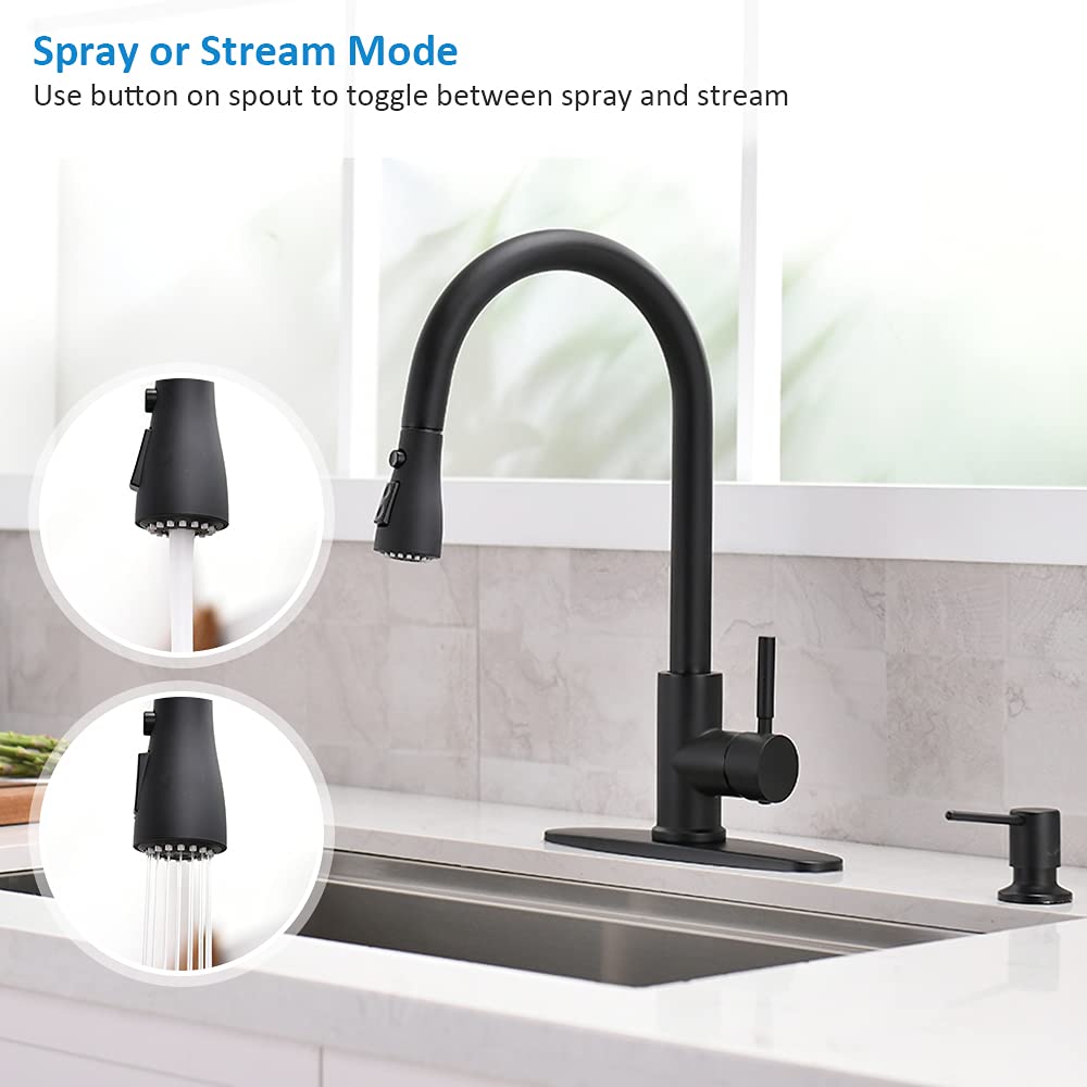 Bokaiya Black Kitchen Faucet with Soap Dispenser, High Arch Single Level Stainless Steel Pull Out Kitchen Faucet, Matte Black Kitchen Faucet with Pull Down Sprayer One Hole or 3 Hole