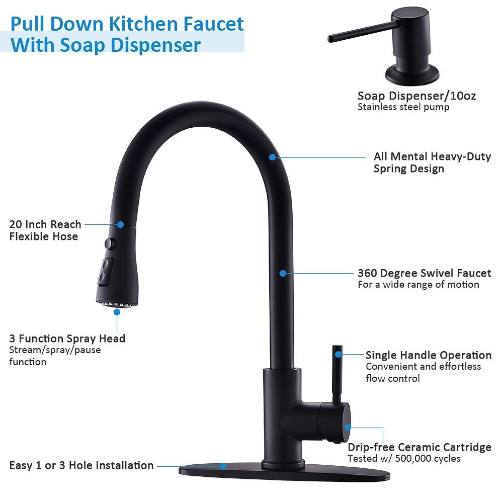 Bokaiya Black Kitchen Faucet with Soap Dispenser, High Arch Single Level Stainless Steel Pull Out Kitchen Faucet, Matte Black Kitchen Faucet with Pull Down Sprayer One Hole or 3 Hole