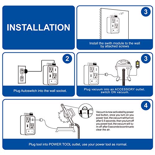 Automatic Vacuum Switch for Power Tools, Dust Control Autoswitch with Unique Current Sensing Technology to Delay Vacuum On, Prevent Circuit Overload and Eliminating Circuit Breaker Tripping