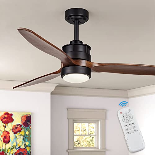 EKIZNSN 52 Inch Outdoor Ceiling Fans for Patios with Light and Remote Control, DC Motor, 3 Reversible Walnut Wood Blades