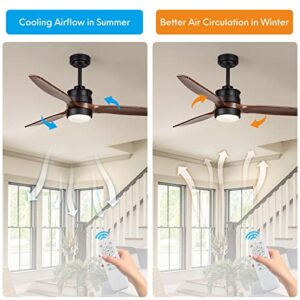 EKIZNSN 52 Inch Outdoor Ceiling Fans for Patios with Light and Remote Control, DC Motor, 3 Reversible Walnut Wood Blades