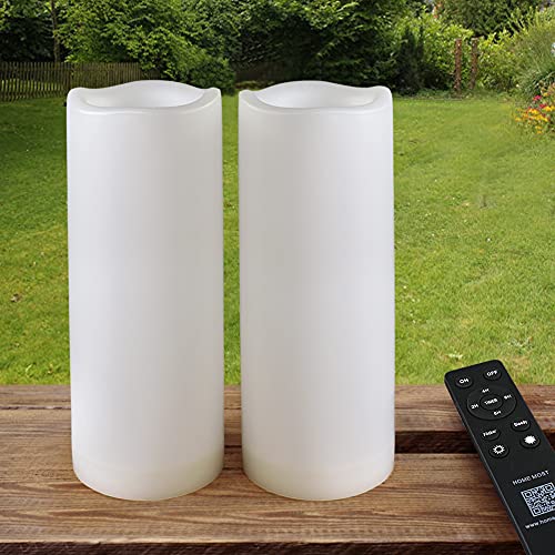 HOME MOST Pack of 2 White LED Candles Outdoor 3x8 - Unscented IP65 Waterproof Battery Powered Flameless LED Pillar Candles with Remote and Timer - Battery Operated Flameless Candles Flickering