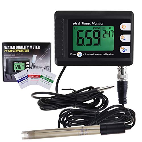 2 in 1 Temperature pH Monitor Meter Tester Sensor Test Kit 0~14 pH Automatic Calibration BNC Electrode Probe for Hydroponic ph Aquarium Meter Water Lab Food Drinking Water pH of Saltwater/Seawater