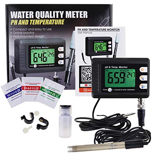 2 in 1 Temperature pH Monitor Meter Tester Sensor Test Kit 0~14 pH Automatic Calibration BNC Electrode Probe for Hydroponic ph Aquarium Meter Water Lab Food Drinking Water pH of Saltwater/Seawater