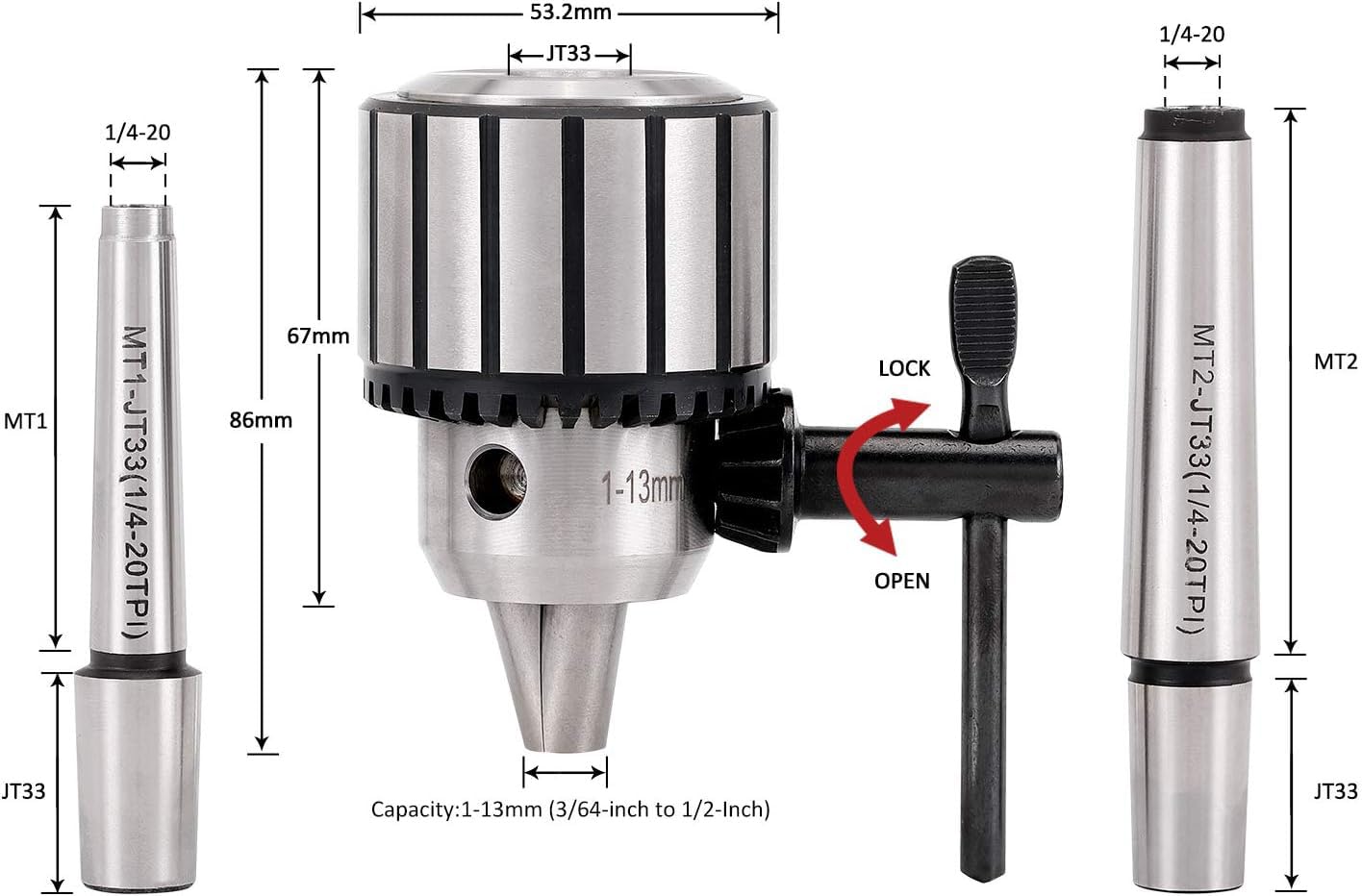 KingTool 4 Pcs Drill Chuck Set - 1/2-Inch Drill Chuck with Chuck Key with #1 (JT33-MT1) and #2 (JT33-MT2) Morse Taper Arbor