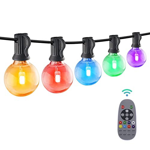 HBN 50ft Outdoor String Lights RGBW Remote Control Outdoor String Lights Multicolor, with 27 LED G40 Bulbs (2 Spare) Shatterproof & Dimmable, IP44 Waterproof & Extendable, Remote Included, 80 Lumens