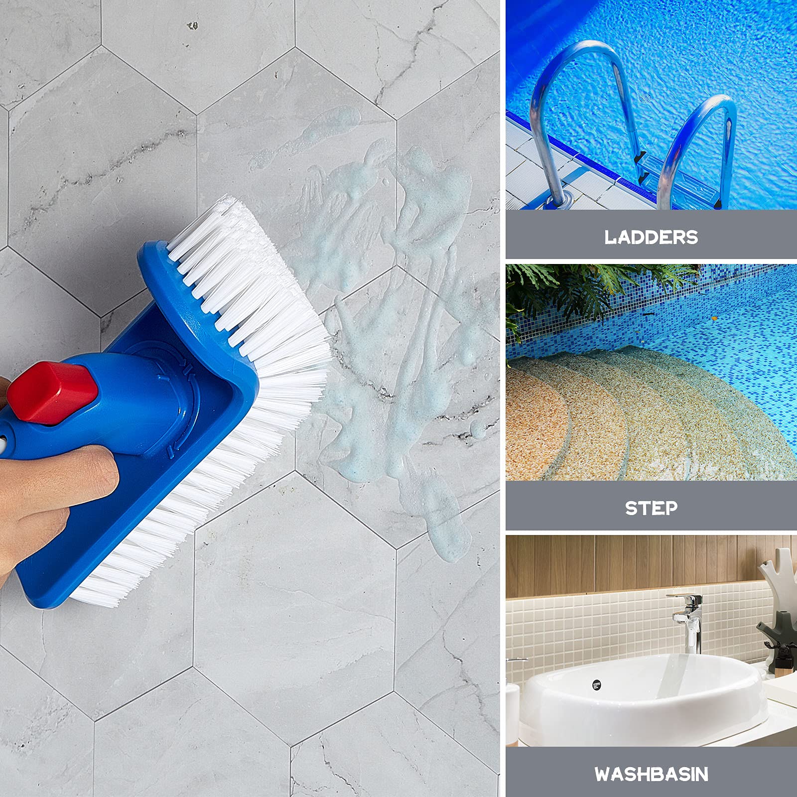 Corner and Step Pool Round Brush, Pool Step and Corner Brush, 180 Degree Rotation Handle Scrub Brush for Ground Swimming Pools, Spas, Hot Tubs, 1-1/4 Pole Connection (1 Piece)