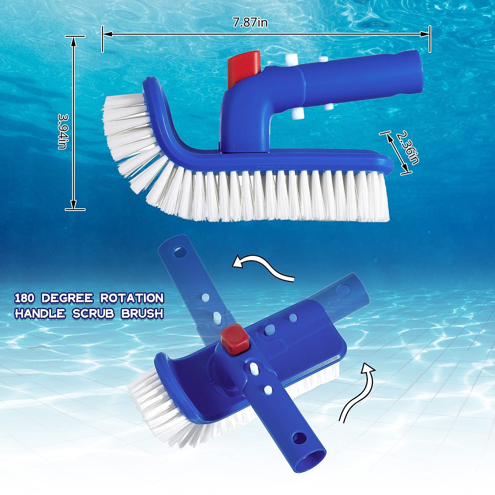 Corner and Step Pool Round Brush, Pool Step and Corner Brush, 180 Degree Rotation Handle Scrub Brush for Ground Swimming Pools, Spas, Hot Tubs, 1-1/4 Pole Connection (1 Piece)