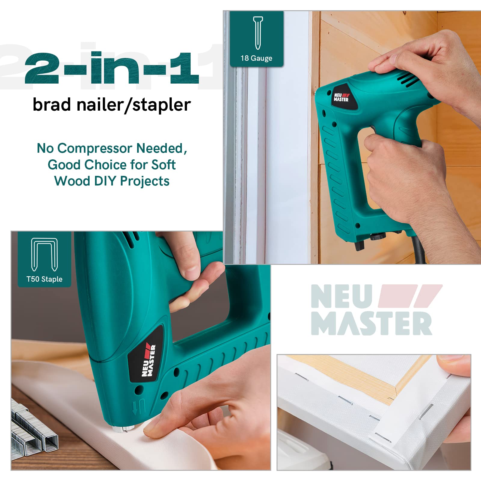 NEU MASTER Staple Gun with Contact Safety and Power Adjustable Knob（336pcs Staples and 200pcs Nails Included）and Premium Quality Standard T50 Staples and 18GA Brad Nails, 1508-Count