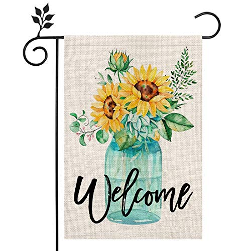 CROWNED BEAUTY Spring Summer Garden Flag 12×18 Inch Double Sided for Outside Floral Sunflower Welcome Small Burlap Seasonal Yard Flag