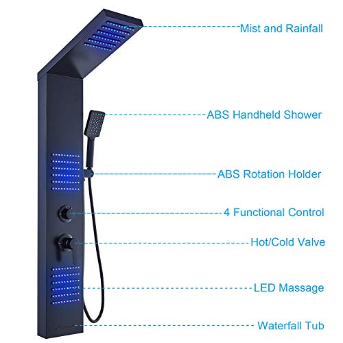 ELLO&ALLO Stainless Steel Shower Panel Tower System, Rainfall Head Rain Massage System with LED Body Jets, Black