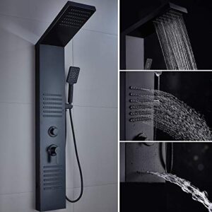 ELLO&ALLO Stainless Steel Shower Panel Tower System, Rainfall Head Rain Massage System with LED Body Jets, Black