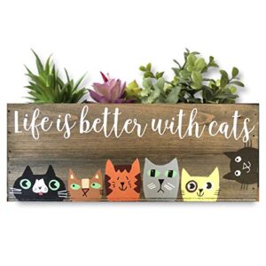 cat planter, life is better with cats wood planter box, cat mom, catnip, cat lover gift (natural brown wood)