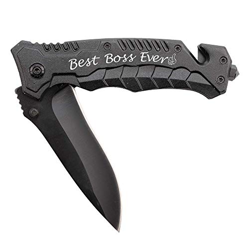 Corfara Engraved Black Pocket Knife for Boss Gifts Ideas for Christmas Birthday Retirment Best Boss Ever Camping Knife with Window Glass Breaker and Seatbelt Cutter