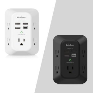 usb wall charger surge protector - addtam 5 outlet extender with 4 usb charging ports (1 usb c, 4.5a total), 3-sided 1800j power strip multi plug outlets adapter widely spaced, white & black