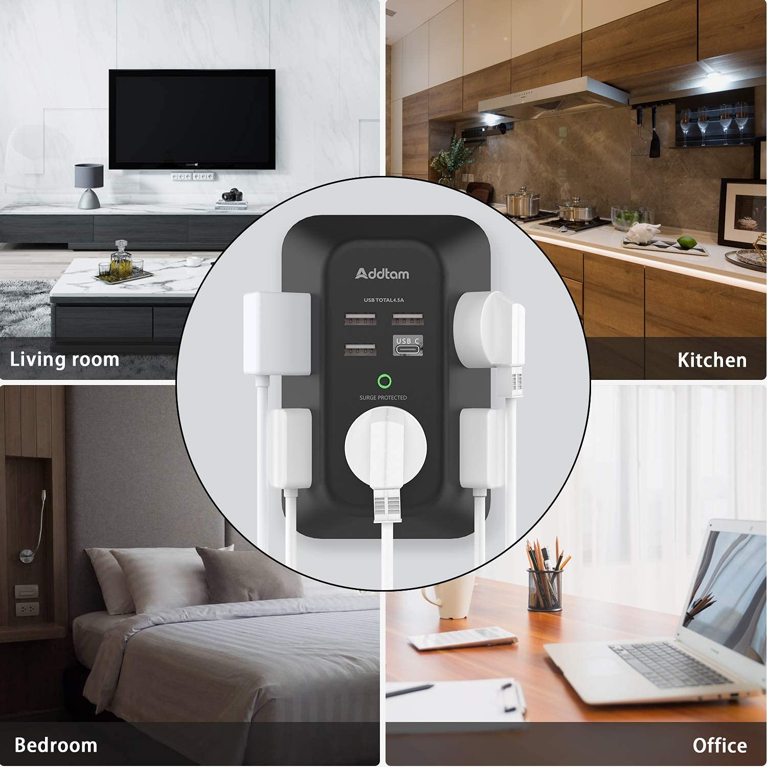 USB Wall Charger Surge Protector - Addtam 5 Outlet Extender with 4 USB Charging Ports (1 USB C, 4.5A Total), 3-Sided 1800J Power Strip Multi Plug Outlets Adapter Widely Spaced, White & Black