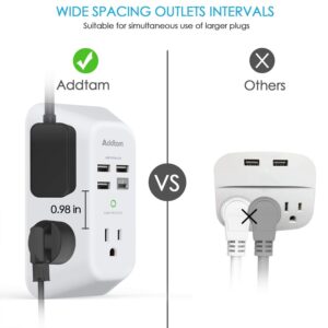 USB Wall Charger Surge Protector - Addtam 5 Outlet Extender with 4 USB Charging Ports (1 USB C, 4.5A Total), 3-Sided 1800J Power Strip Multi Plug Outlets Adapter Widely Spaced, White & Black