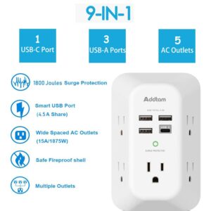 USB Wall Charger Surge Protector - Addtam 5 Outlet Extender with 4 USB Charging Ports (1 USB C, 4.5A Total), 3-Sided 1800J Power Strip Multi Plug Outlets Adapter Widely Spaced, White & Black