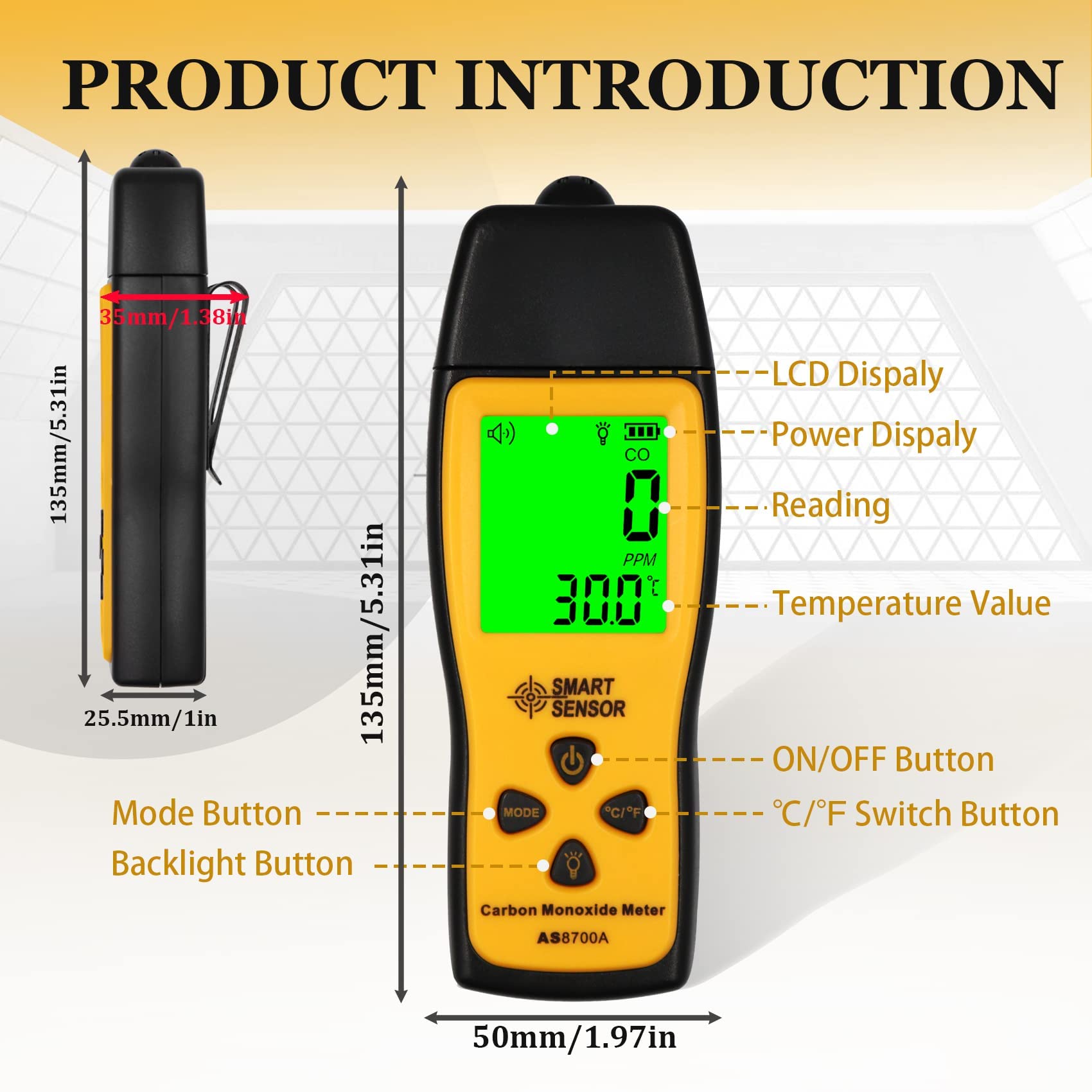 Lunarlipes Carbon Monoxide Detectors, Portable CO Detector with Temperature Sensor ＆ LCD Backlight Screen, Handheld Carbon Monoxide Meter Tester 0-1000PPM Range, Indoor/Oudoor (Includes Battery x3)