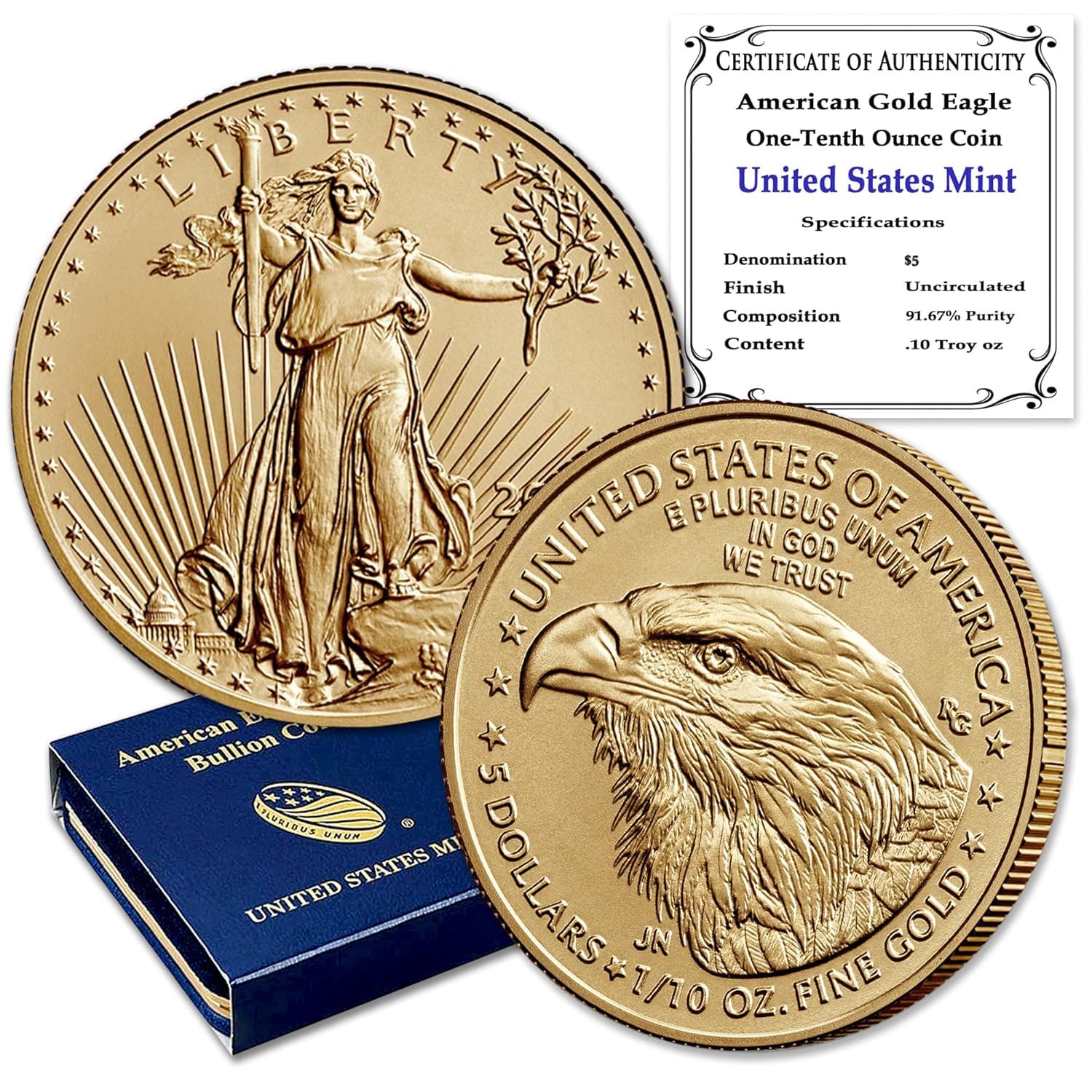 2024 ‎ 1/10 oz American Gold Eagle Coin Brilliant Uncirculated with Original United States Mint Box and a Certificate of Authenticity $5 Seller BU