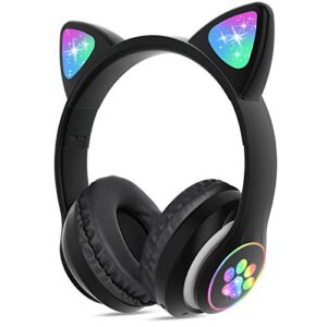 tcjj wireless headphones cat ear led light up bluetooth foldable headphones over ear w/microphone for online distant learning (black)