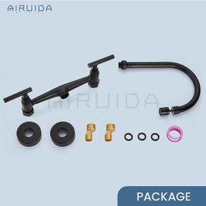 Airuida Wall Mount Kitchen Sink Faucet Matte Black Wall Mounted Kitchen Faucets 8 Inch Center Double Handles 360 Degree Swivel Spout Restaurant Utility Laundry Commercial Mixer Tap