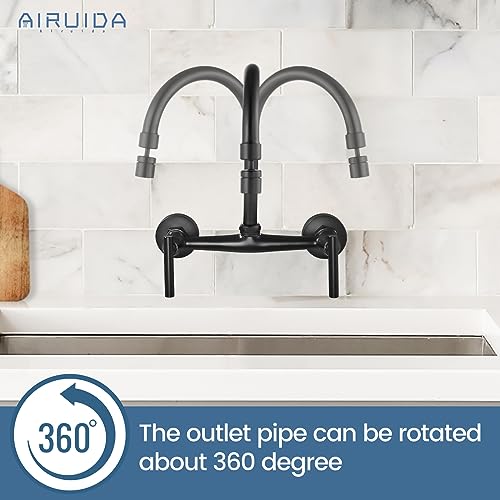 Airuida Wall Mount Kitchen Sink Faucet Matte Black Wall Mounted Kitchen Faucets 8 Inch Center Double Handles 360 Degree Swivel Spout Restaurant Utility Laundry Commercial Mixer Tap