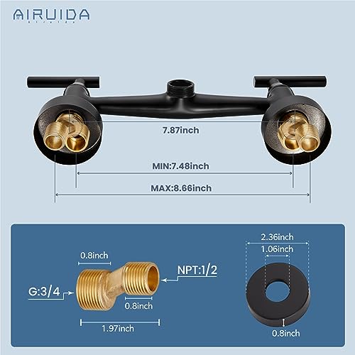 Airuida Wall Mount Kitchen Sink Faucet Matte Black Wall Mounted Kitchen Faucets 8 Inch Center Double Handles 360 Degree Swivel Spout Restaurant Utility Laundry Commercial Mixer Tap