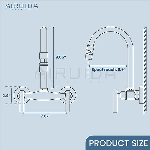 Airuida Wall Mount Kitchen Sink Faucet Matte Black Wall Mounted Kitchen Faucets 8 Inch Center Double Handles 360 Degree Swivel Spout Restaurant Utility Laundry Commercial Mixer Tap