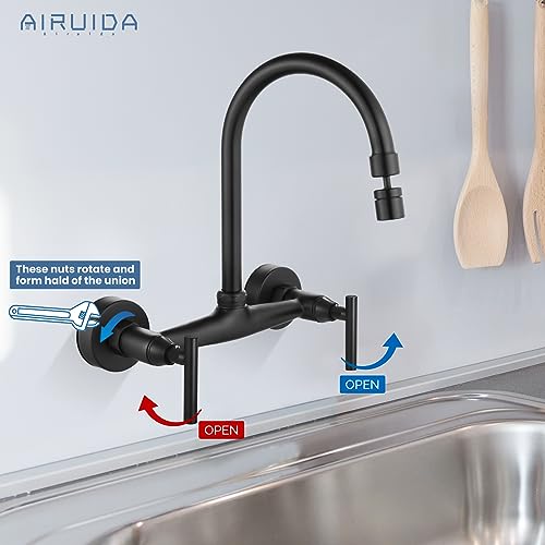 Airuida Wall Mount Kitchen Sink Faucet Matte Black Wall Mounted Kitchen Faucets 8 Inch Center Double Handles 360 Degree Swivel Spout Restaurant Utility Laundry Commercial Mixer Tap