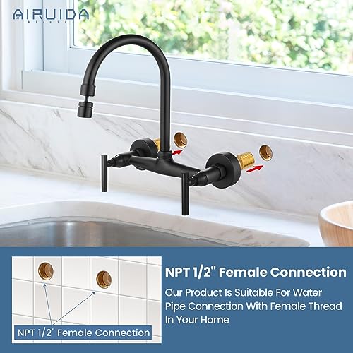 Airuida Wall Mount Kitchen Sink Faucet Matte Black Wall Mounted Kitchen Faucets 8 Inch Center Double Handles 360 Degree Swivel Spout Restaurant Utility Laundry Commercial Mixer Tap