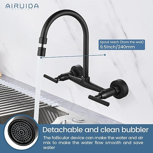 Airuida Wall Mount Kitchen Sink Faucet Matte Black Wall Mounted Kitchen Faucets 8 Inch Center Double Handles 360 Degree Swivel Spout Restaurant Utility Laundry Commercial Mixer Tap