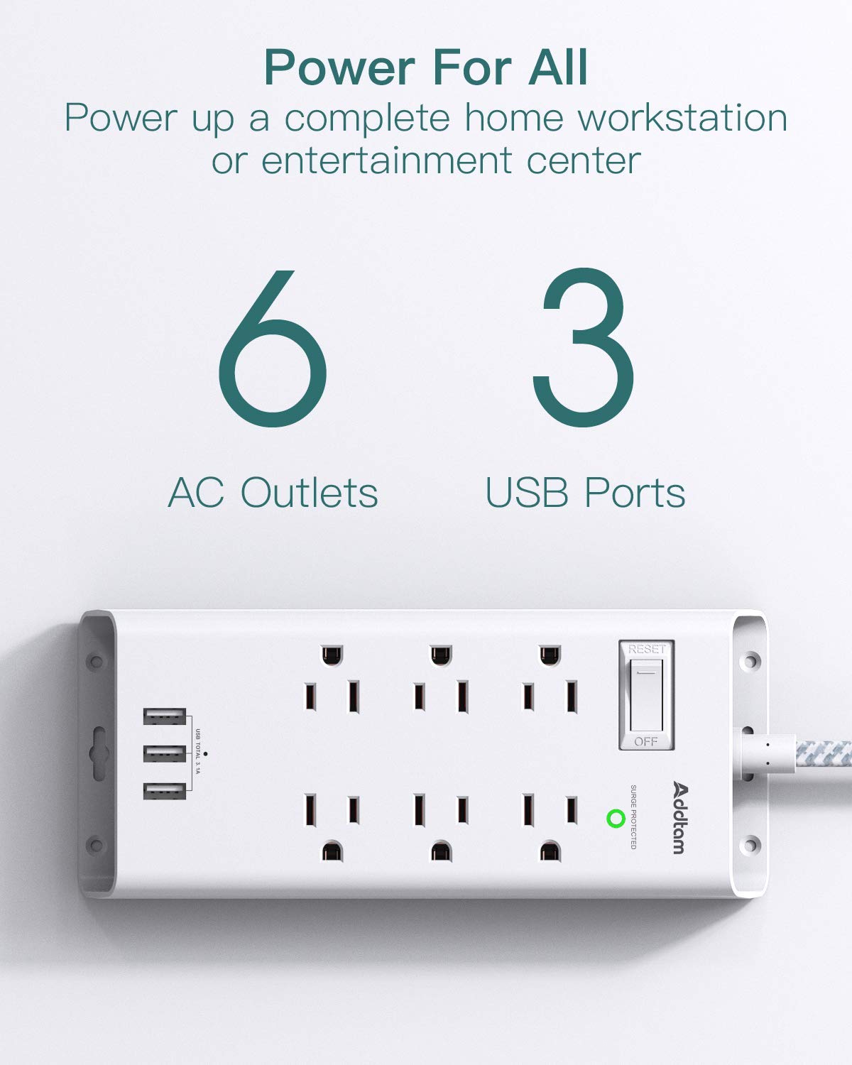 Power Strip Surge Protector, Addtam 6 Outlets and 3 USB Ports 5Ft Long Extension Cord and Power Strip with USB, Addtam ETL Certificate Flat Plug Extension Cord with 3 USB Ports, 3 Outlets