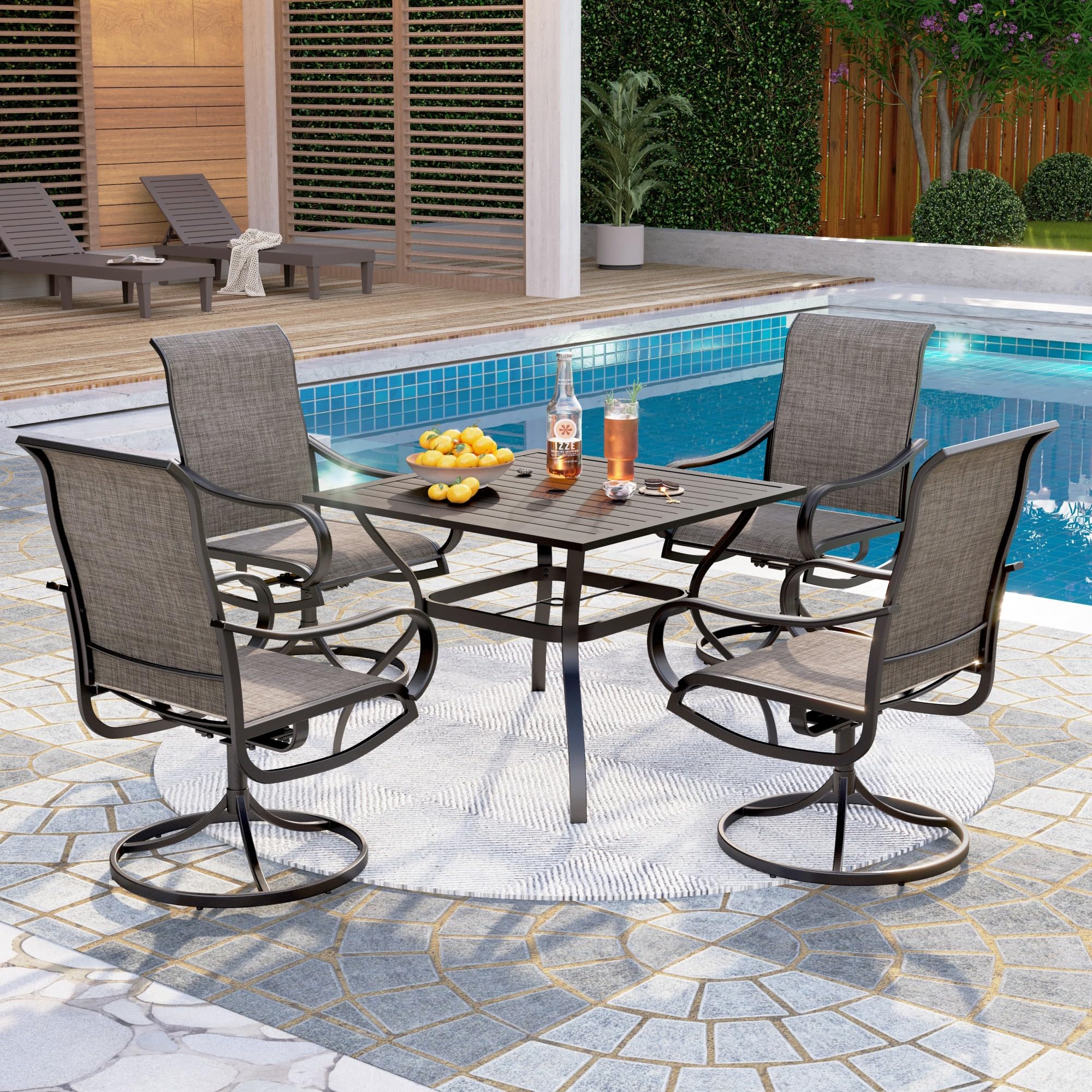 PHI VILLA Outdoor Patio Dining Set for 4, 5 Piece Patio Table Chairs Set Clearance with 4 Swivel Chairs & 1 Metal Table, All Weather Patio Dining Furniture Set for Deck Lawn & Garden