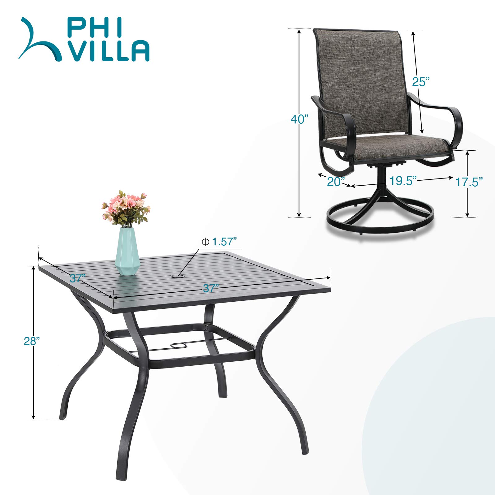 PHI VILLA Outdoor Patio Dining Set for 4, 5 Piece Patio Table Chairs Set Clearance with 4 Swivel Chairs & 1 Metal Table, All Weather Patio Dining Furniture Set for Deck Lawn & Garden