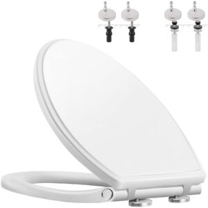 hibbent premium elongated toilet seat with cover(oval) quiet close, one-click to quick release, easy installation never loosen hinge, slow close toilet seat and cover, easy cleaning-white color