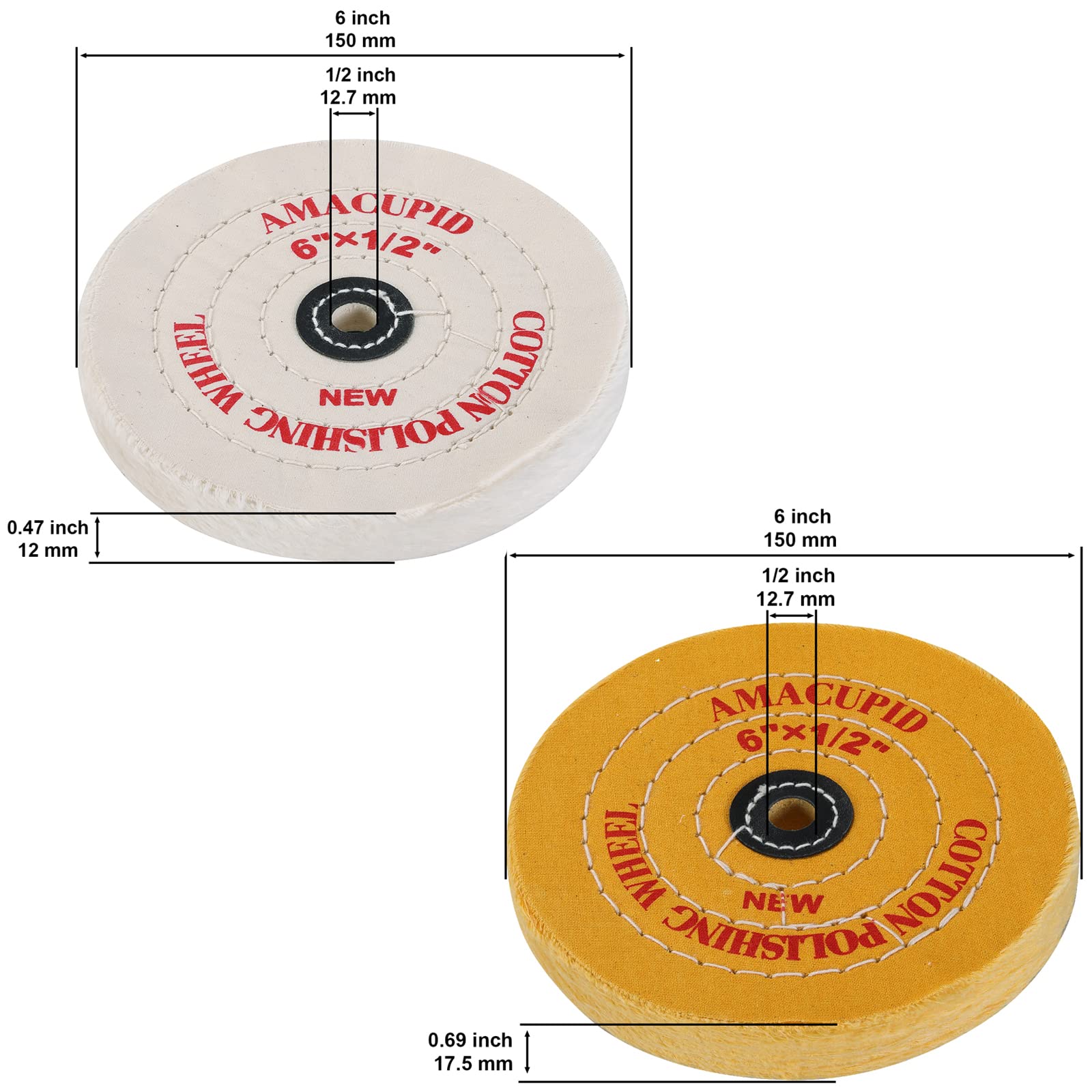 Amacupid Cotton Buffing Wheel 6 inch, for Bench Grinder/Bench Buffer. Polishing Jewelry, Glass, Tools, etc. 1/2" Arbor Hole. White Yellow 2 Pieces