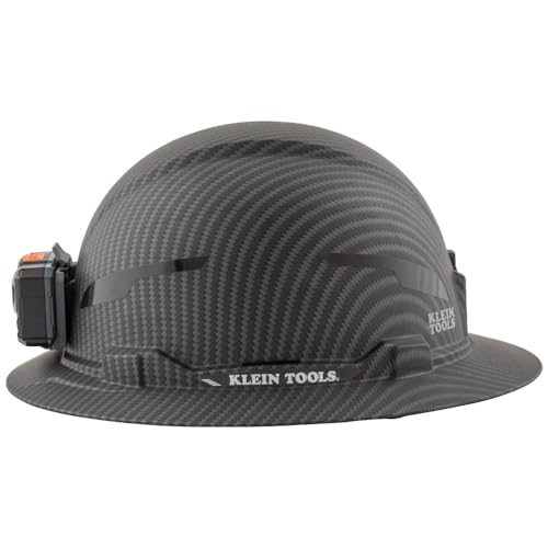 Klein Tools 60346 Hard Hat, Non-Vented Full Brim, Class E, Premium KARBN Pattern, Rechargeable Lamp, Padded Sweat-Wicking Sweatband, Top Pad Large