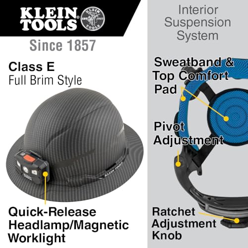 Klein Tools 60346 Hard Hat, Non-Vented Full Brim, Class E, Premium KARBN Pattern, Rechargeable Lamp, Padded Sweat-Wicking Sweatband, Top Pad Large