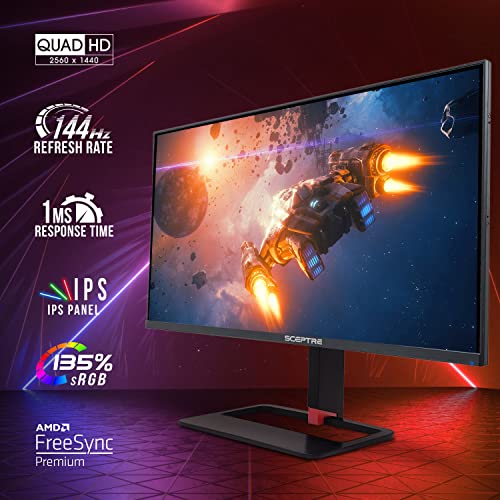 Sceptre 27 inch QHD IPS LED Monitor 2560x1440 HDR400 HDMI DisplayPort up to 144Hz 1ms Height Adjustable, Build-in Speakers, Gunmetal Black (E275B-QPN168)