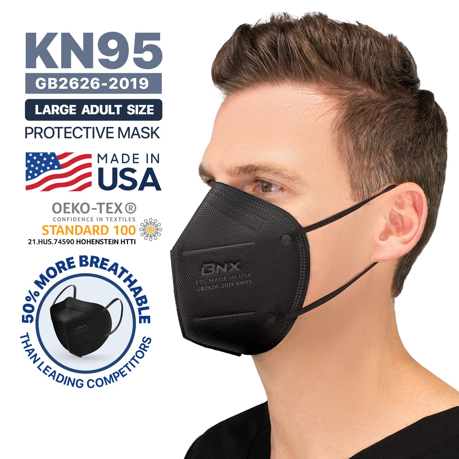 BNX KN95 Face Mask Made in USA (20-Pack), FDA Registered KN95 Mask Disposable Particulate Protective Mask, GB2626-2019, Protection Against Dust, Pollen and Haze (Earloop) (Model: E95) Black