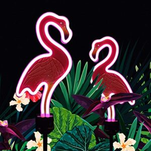 solar flamingo pink neon light - 2pack 42 inch metal garden stake lights, flamingo gifts for women path lighting for yard lawn patio walkway decor