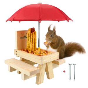 mixxidea squirrel feeder table with umbrella, wooden squirrel picnic table feeder, durable squirrel feeder corn cob holder, with solid structure and 2 x thick benches(squirrel feeder table-1pk)