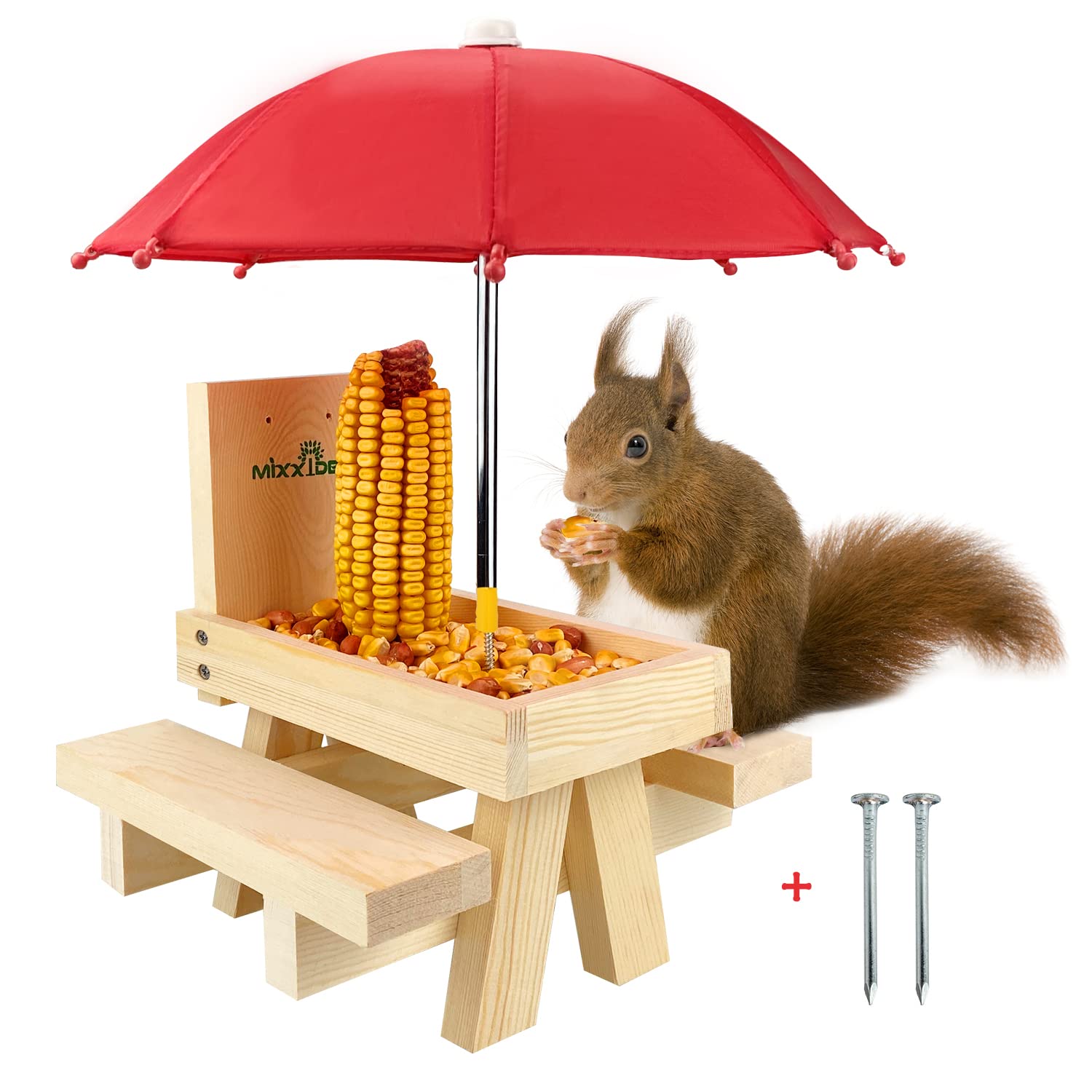 MIXXIDEA Squirrel Feeder Table with Umbrella, Wooden Squirrel Picnic Table Feeder, Durable Squirrel Feeder Corn Cob Holder, with Solid Structure and 2 x Thick Benches(Squirrel Feeder table-1pk)