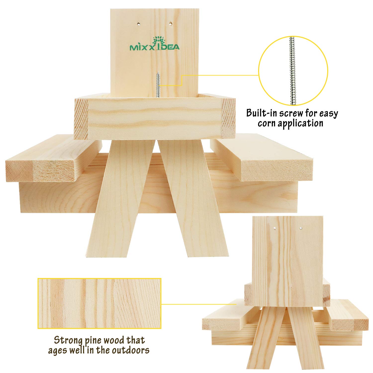 MIXXIDEA Squirrel Feeder Table with Umbrella, Wooden Squirrel Picnic Table Feeder, Durable Squirrel Feeder Corn Cob Holder, with Solid Structure and 2 x Thick Benches(Squirrel Feeder table-1pk)