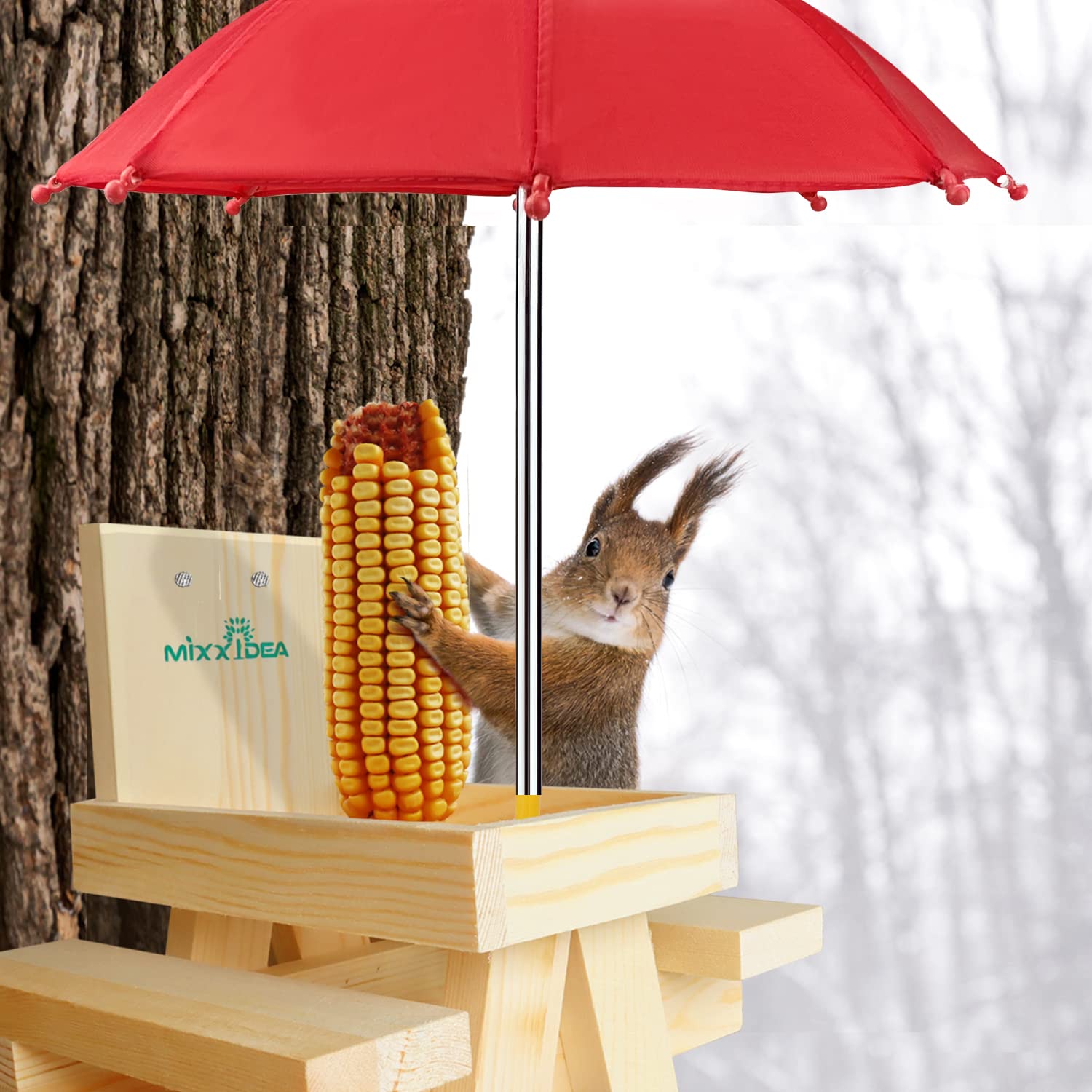 MIXXIDEA Squirrel Feeder Table with Umbrella, Wooden Squirrel Picnic Table Feeder, Durable Squirrel Feeder Corn Cob Holder, with Solid Structure and 2 x Thick Benches(Squirrel Feeder table-1pk)