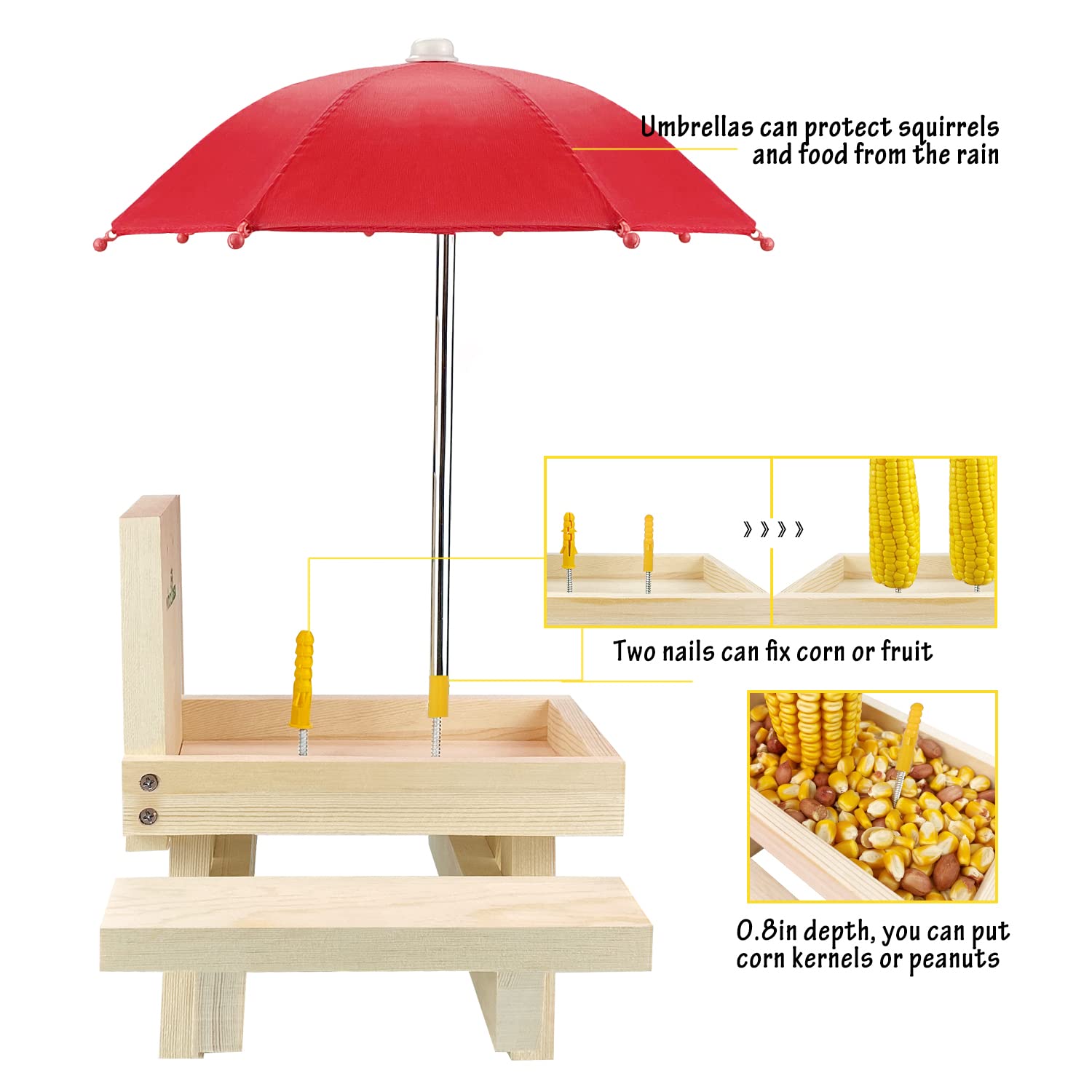 MIXXIDEA Squirrel Feeder Table with Umbrella, Wooden Squirrel Picnic Table Feeder, Durable Squirrel Feeder Corn Cob Holder, with Solid Structure and 2 x Thick Benches(Squirrel Feeder table-1pk)