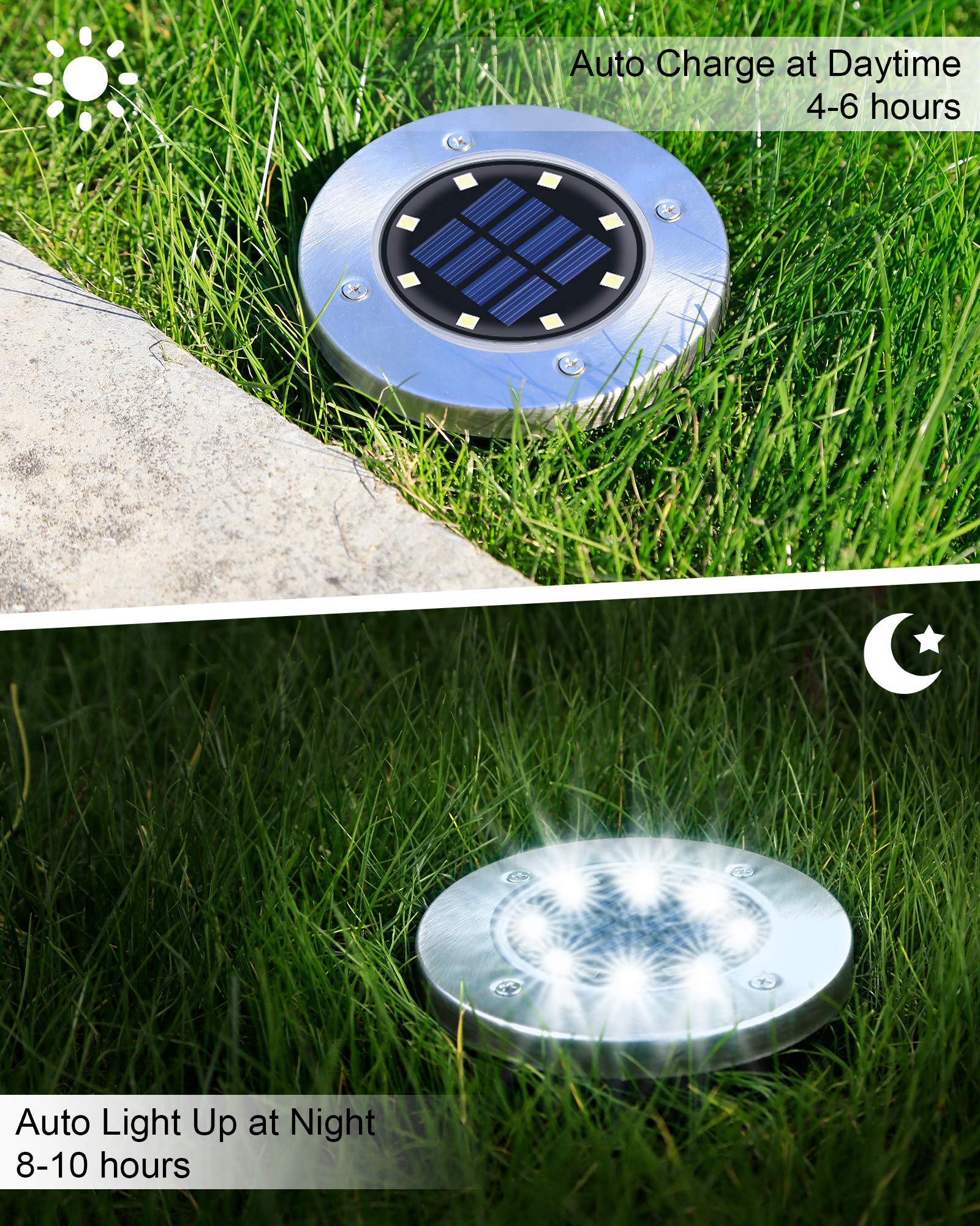 UFOND 8 Pack Solar Ground Lights, Outdoor Waterproof Solar Garden Lights Decor, Disk Solar Deck Lights, Landscape Lighting for Patio Pathway Yard,Outdoor Lights (Cold White)