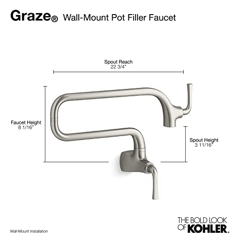 KOHLER 22066-2MB Graze Wall-Mount Pot Filler, Pot Filler Faucet, Pot Fillers Wall Mount, Vibrant Brushed Moderne Brass